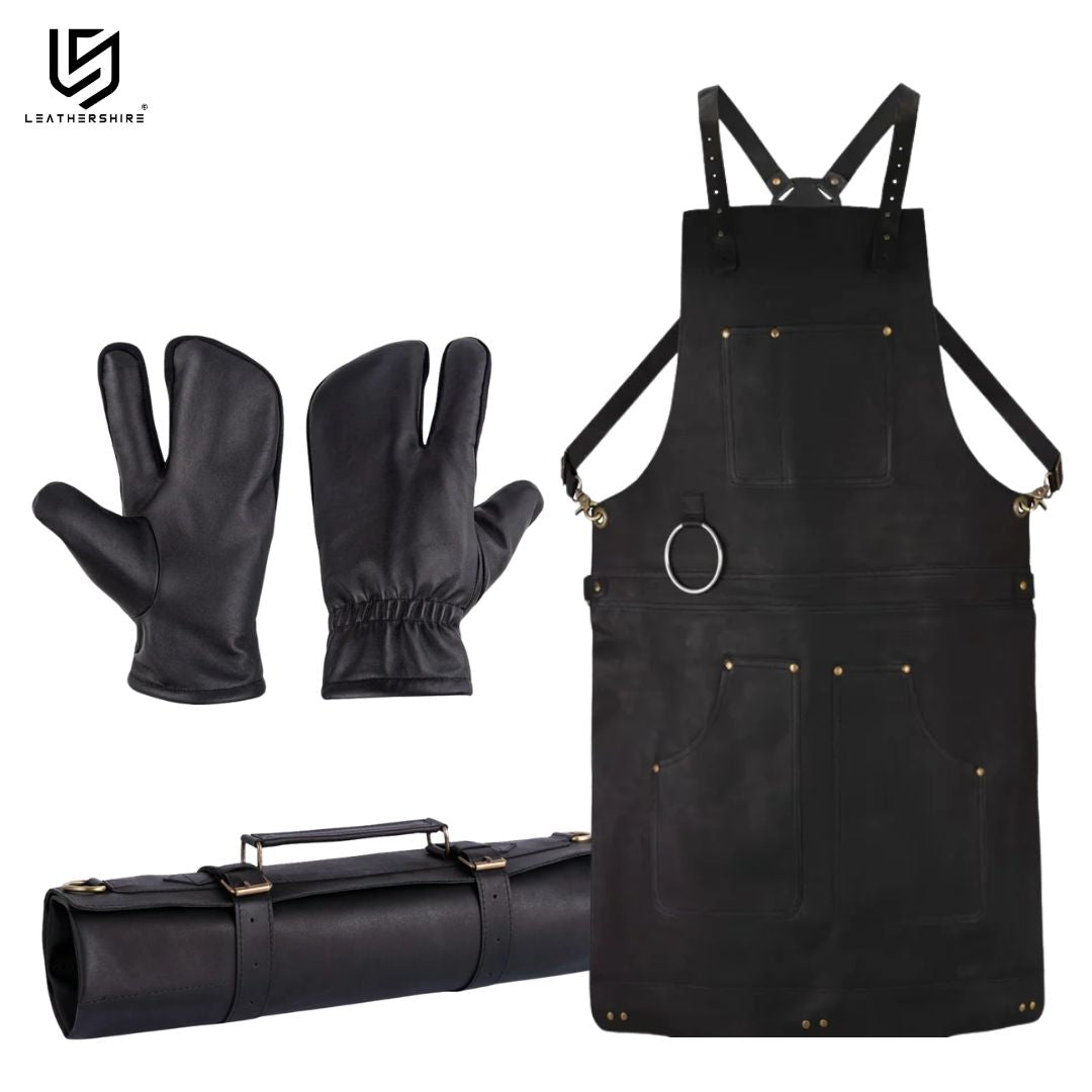 The MasterChef Leather Gift Set (3-in-1) Black Leather apron & Knife R ...