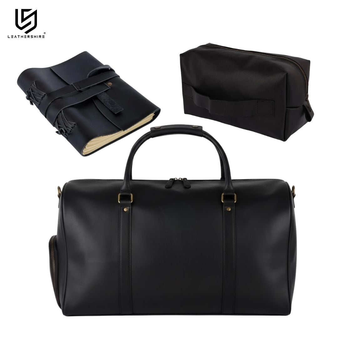 The Ultimate Travel Kit (3-in-1) Black Leather Duffle Bag with Leather ...